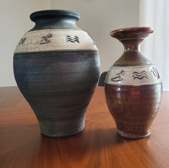 Art | Two Signed Christopher Matti Maui Hawaii Raku Petroglyph Art ...